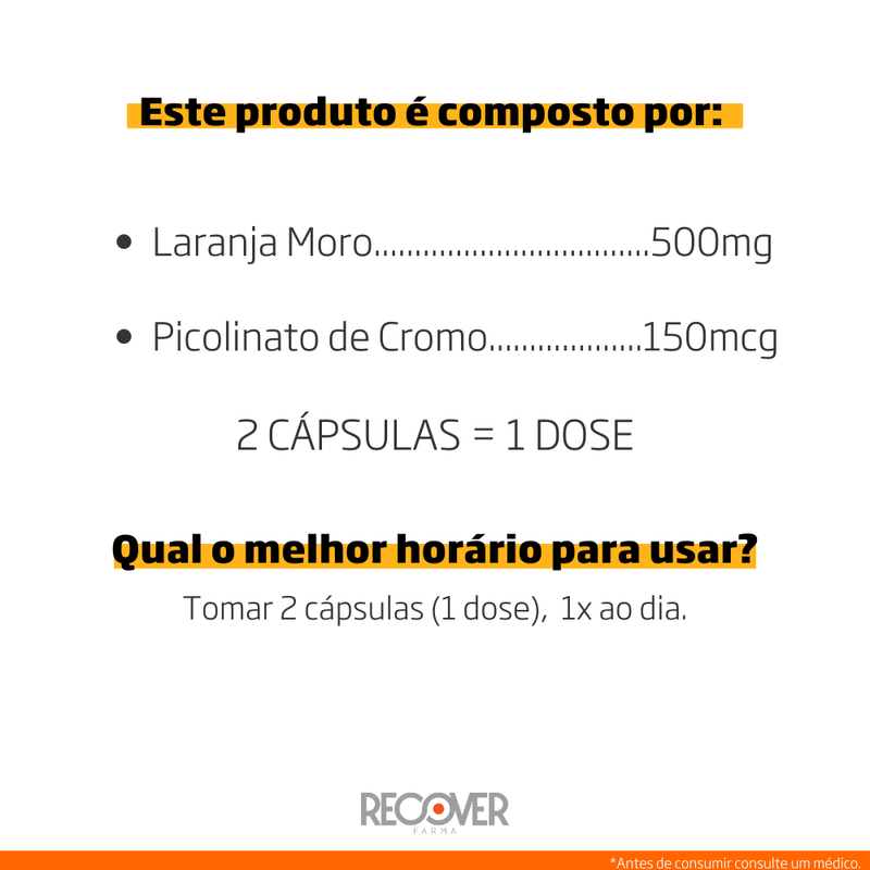 Laranja Moro + Picolinato de Cromo - 60 Cápsulas - Recover Farma Laranja Moro + Picolinato de Cromo - 60 Cápsulas - Recover Farma